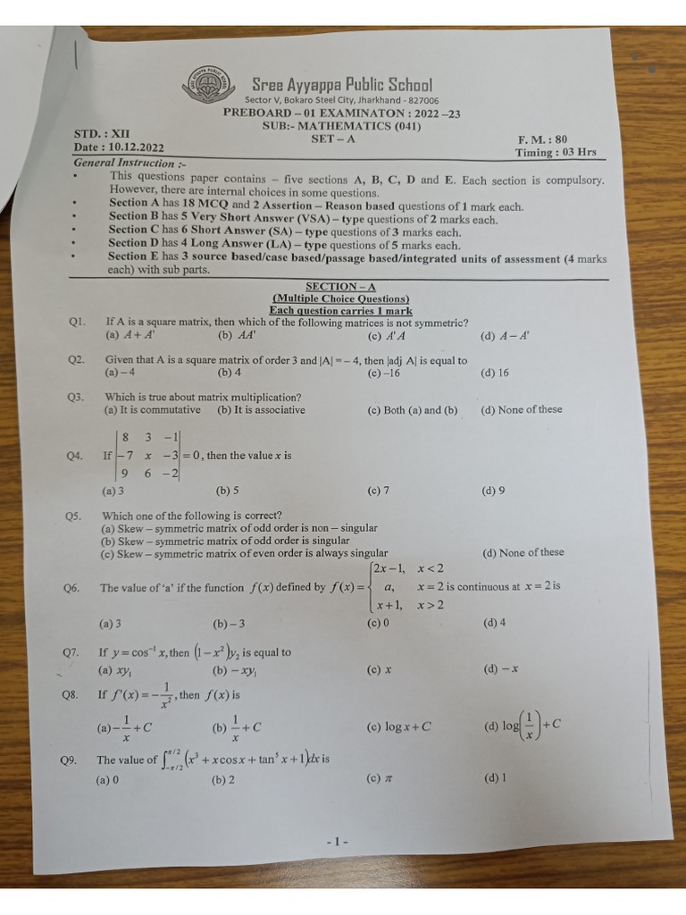 Maths Pre Board 1 | PDF