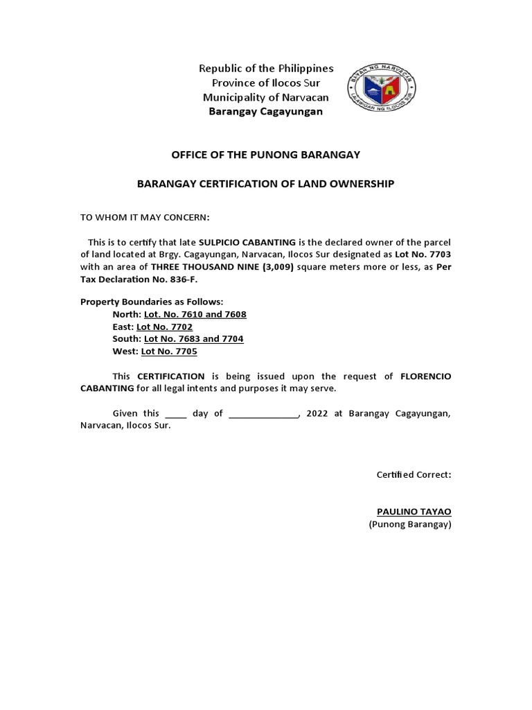 Barangay Certification of Land Ownership | PDF