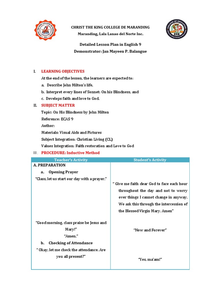 Lesson Plan Sonnet 19 Pdf Sonnets Faith