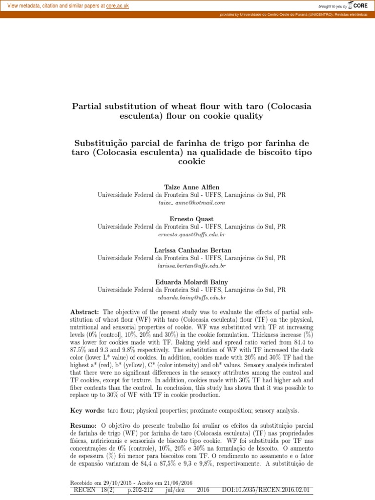 Partial Substitution of Wheat Flour With Taro (Colocasia Esculenta) Flour On Cookie Quality ...