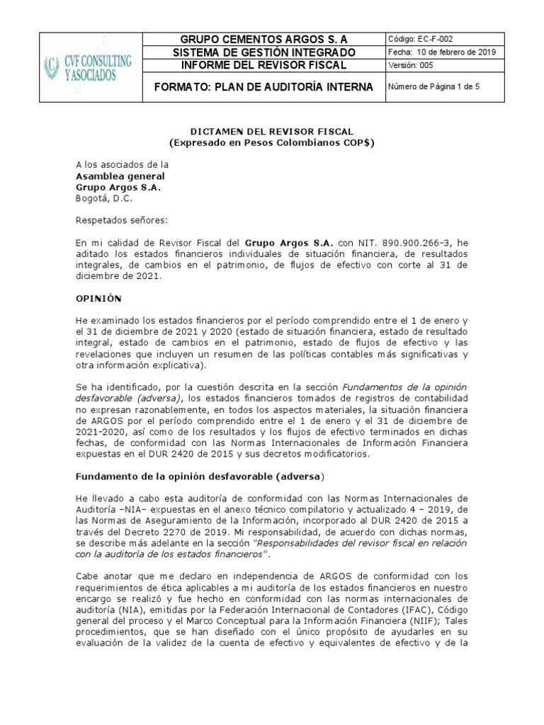 Dictamen Revisioria - CVF | PDF | Auditoría | Contabilidad