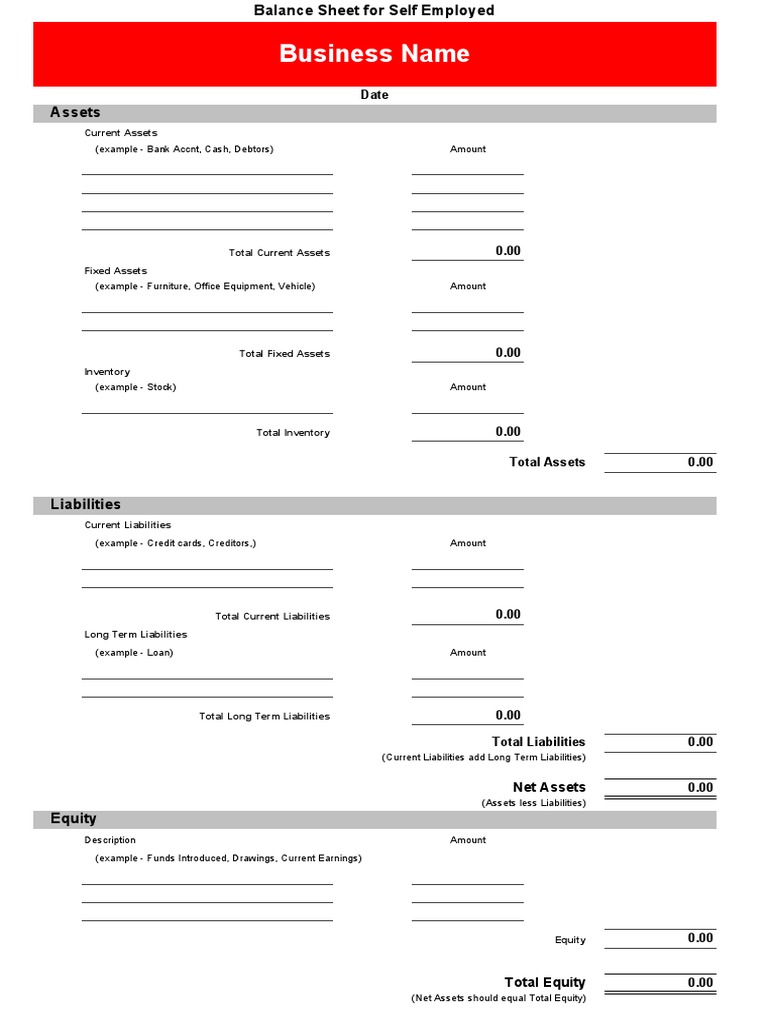Self Employed Balance Sheet Template | PDF
