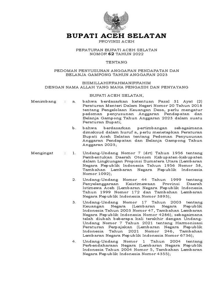 Perbub Pedoman Penyusunan Apbg Tahun 2023 Terbaru | PDF