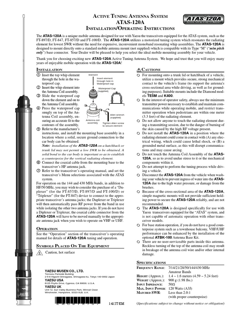 Yaesu ATAS-120A Active Tuning Mobile Antenna Setup Guide | PDF ...
