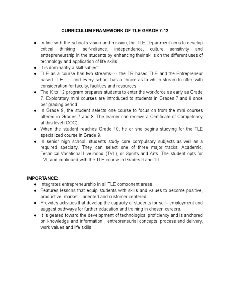 Curriculum Framework of Tle Grade 7 12 | PDF