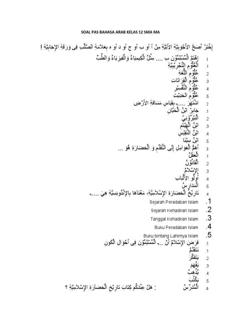 Soal Pas Bahasa Arab Kelas 12 Sma Ma | PDF