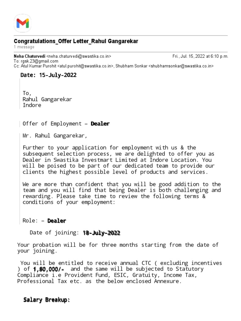 Gmail - Congratulations - Offer Letter - Rahul Gangarekar | PDF ...