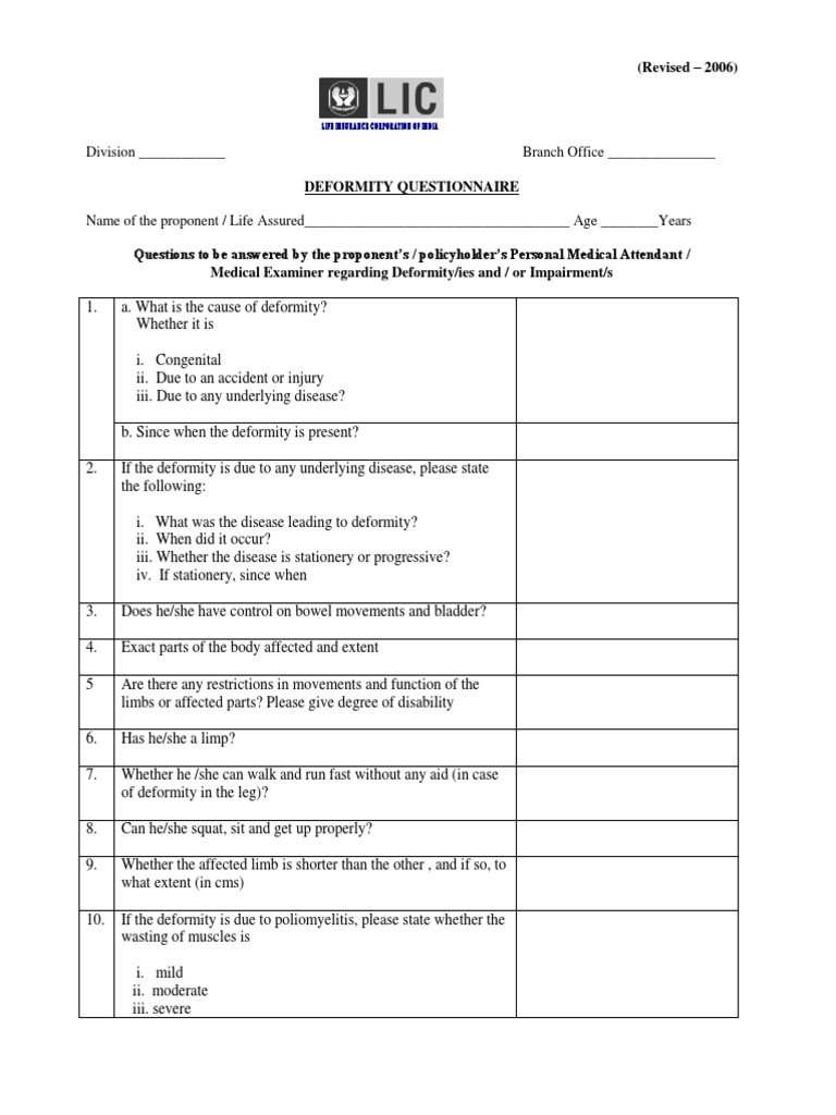 Deformity Questionnaire | PDF | Disability | Human Diseases And Disorders