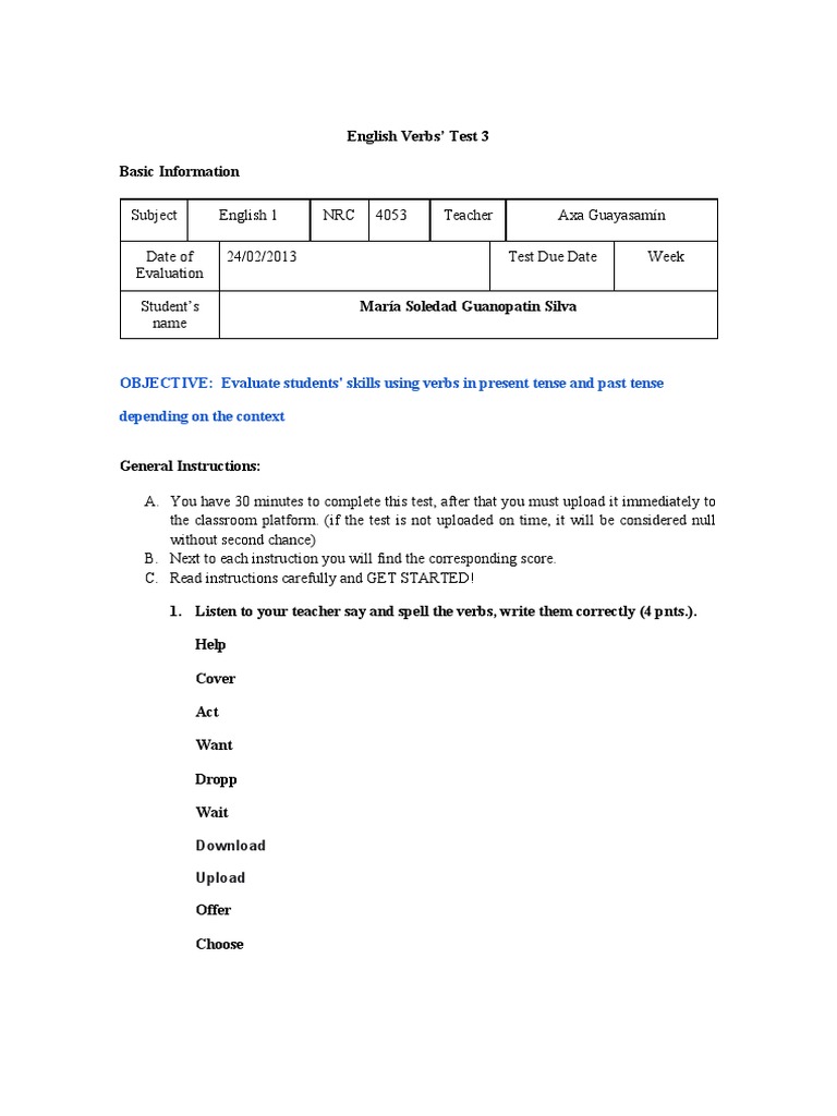 Verbs' Test - W5 | PDF