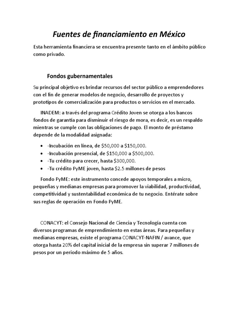 Fuentes De Financiamiento En Mexico Pdf Pequeñas Y Medianas