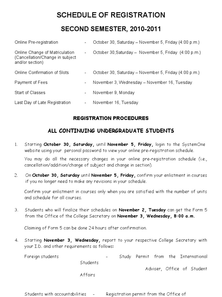 337 - Schedule of Registration - 2nd Semester - 2010-2011 | PDF ...