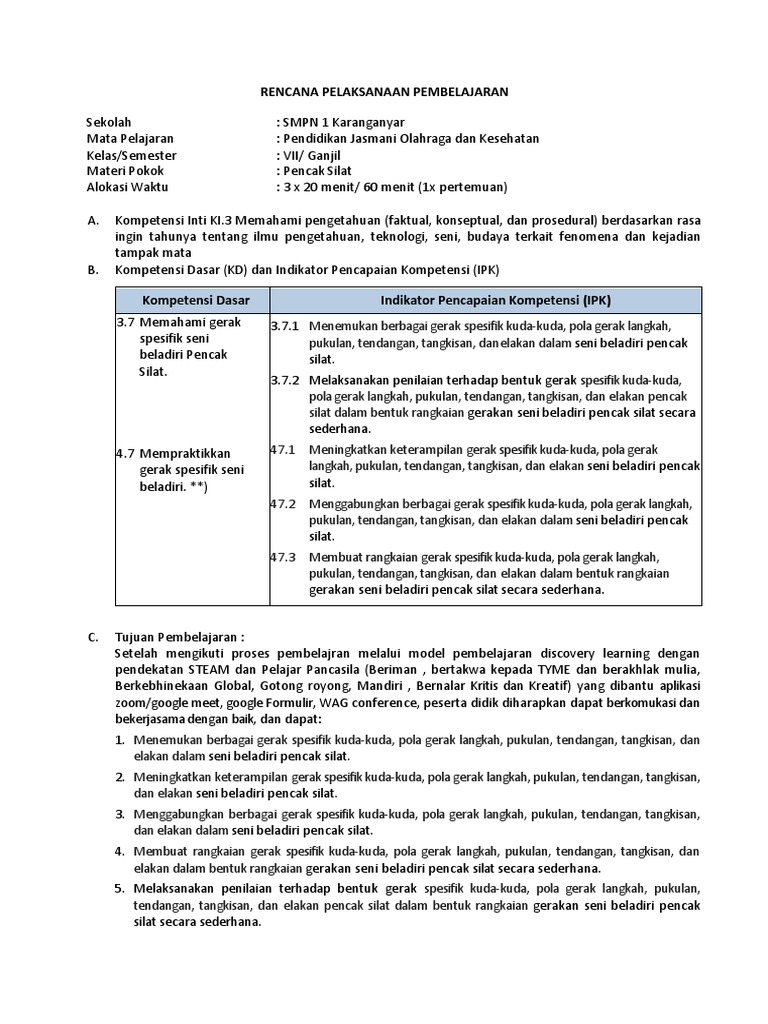 RPP Kombinasi Pencak Silat Kelas 7 Pjok SMP | PDF