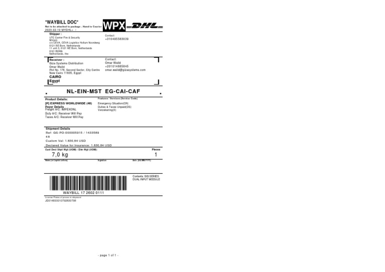 DHL Waybill for Security Module Shipment | PDF
