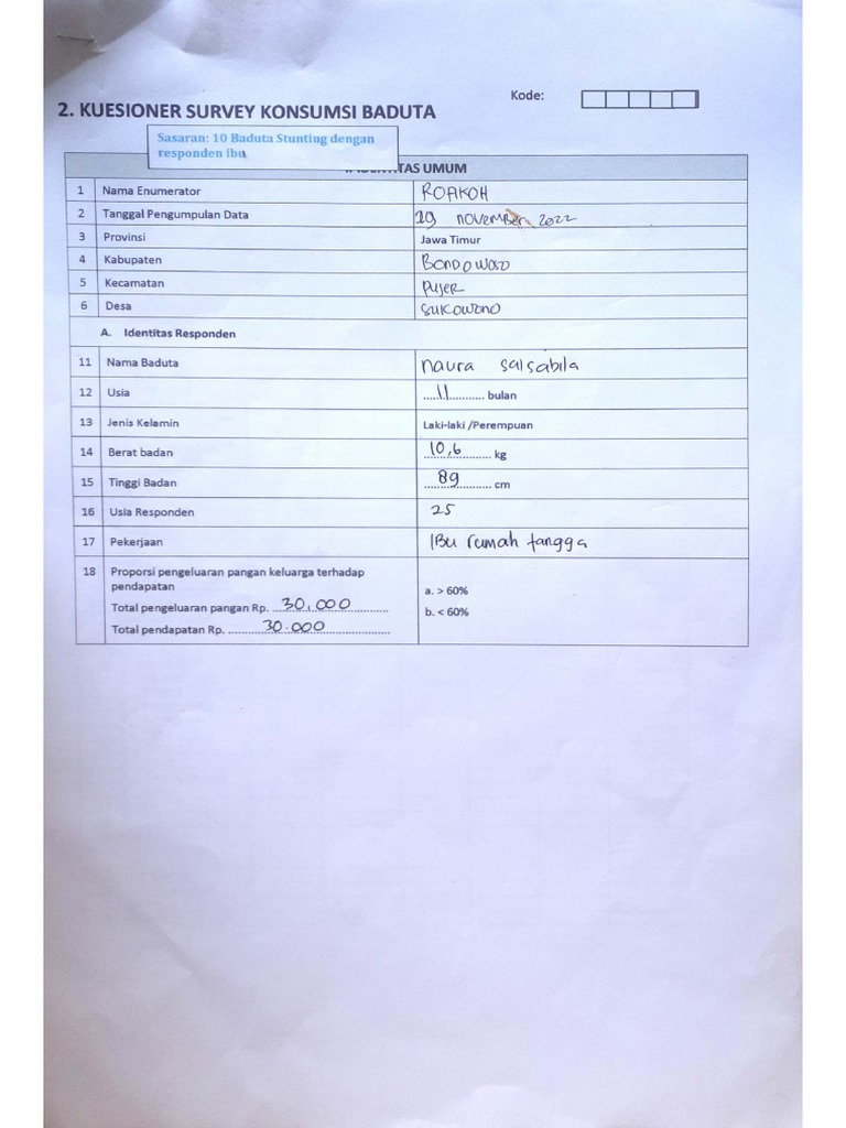 Kuesioner Survey Konsumsi Baduta Sukowono | PDF