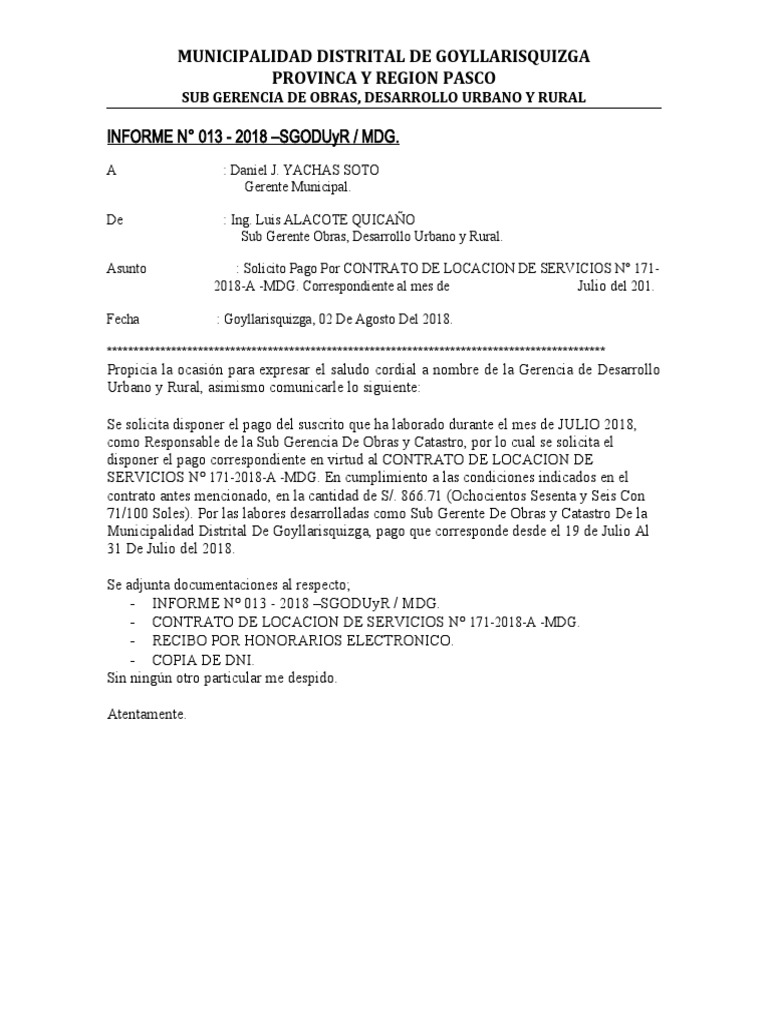 013 INFORME Pago Sub Gerente Julio | PDF