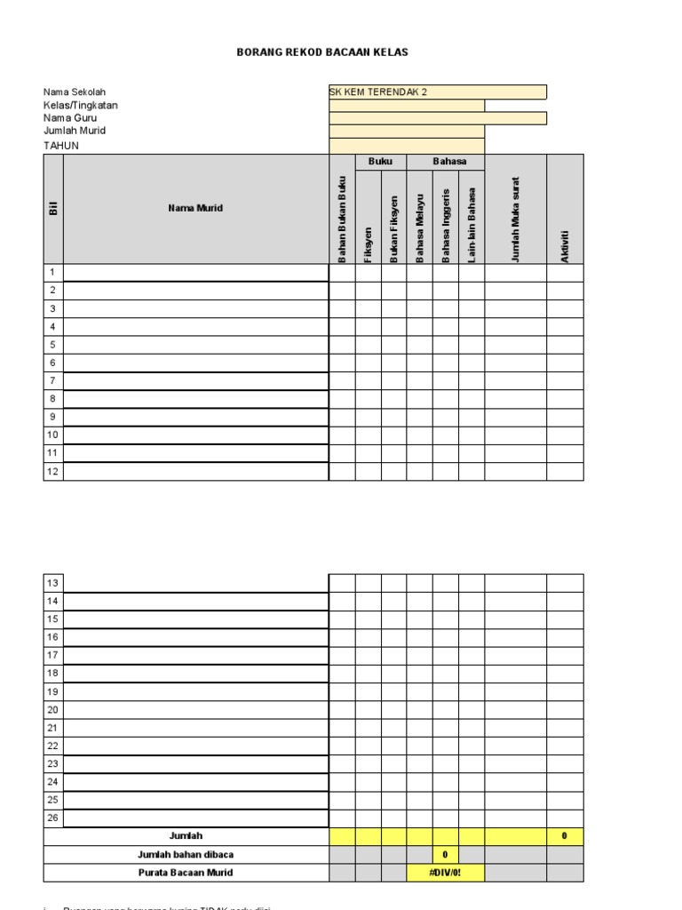 BORANG REKOD BACAAN KELAS - Guru Kelas & Guru Nilam | PDF