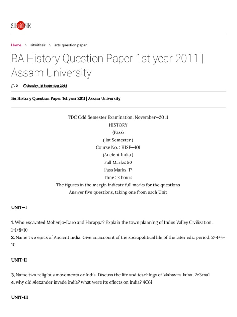 BA History Question Paper 1st Year 2011 - Assam University - SITwithSIR | PDF