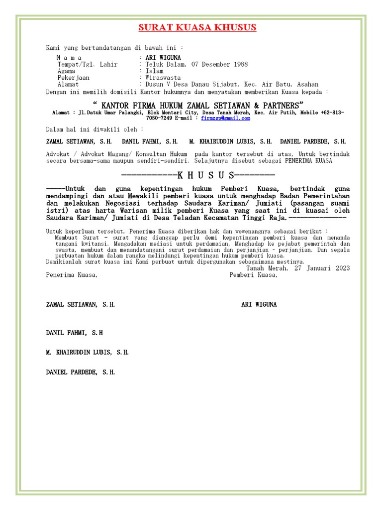 Surat Kuasa Khusus Warisan Ari Wiguna | PDF