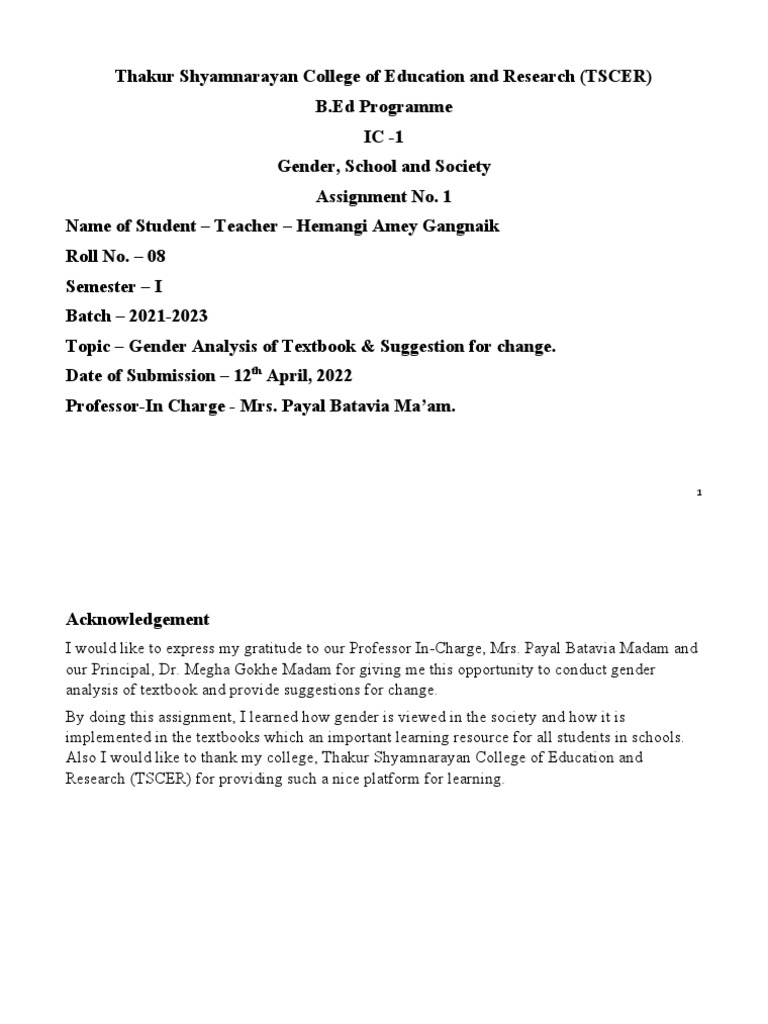 Gender Analysis of Textbook Assignment | PDF | Gender | Gender Studies