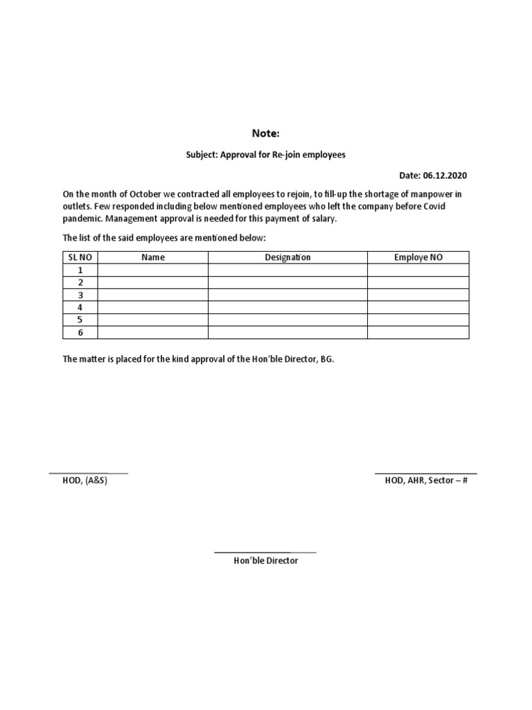 Note Approval For Rejoin | PDF | Finance & Money Management