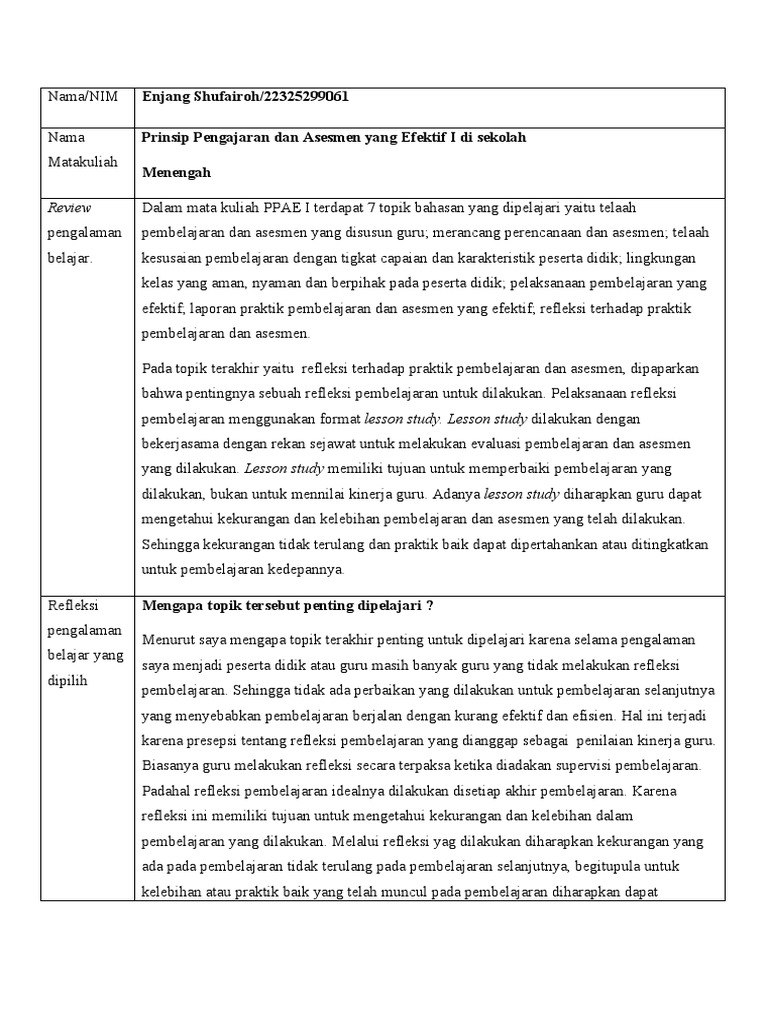 Jurnal Refleksi - PPAE I | PDF
