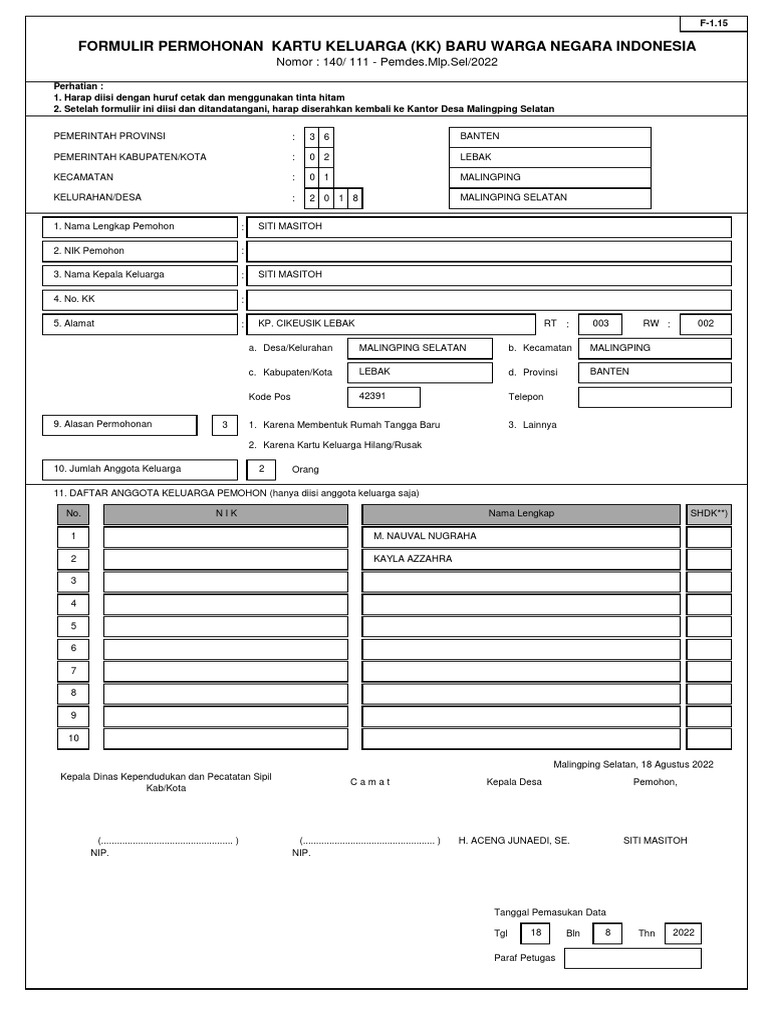 Formulir Permohonan Kartu Keluarga | PDF