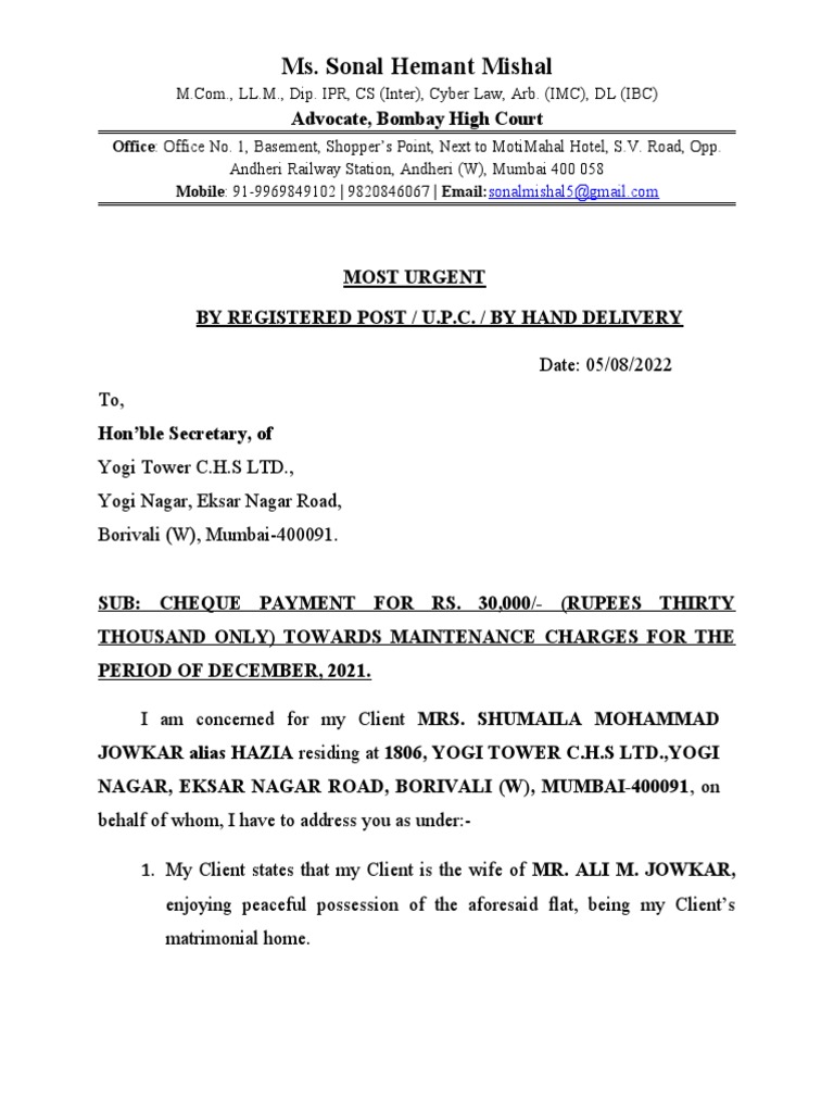 Legal Notice for Maintenance Charges Payment | PDF | Justice | Crime ...