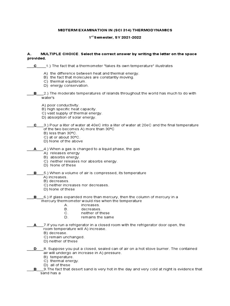 Midterm Exam Thermodynamics | PDF | Latent Heat | Temperature