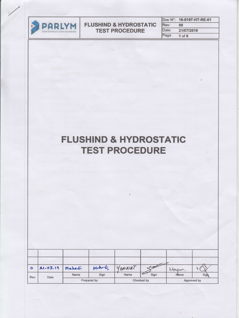 Parlym Flushind & Hydrostatic Test Procedure | PDF | Stainless Steel ...