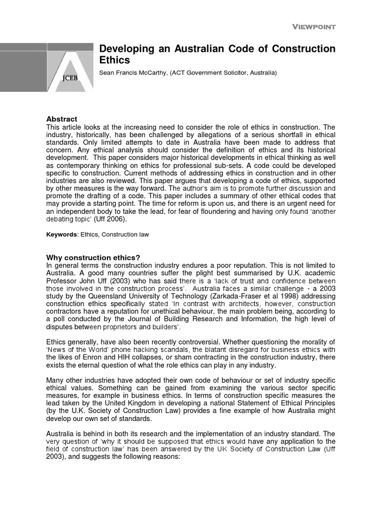 Developing An Australian Code of Construction Ethi | PDF