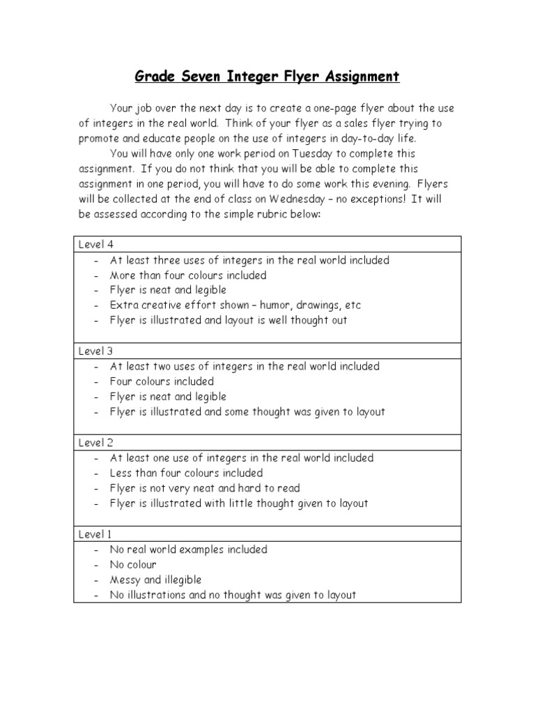 Grade Seven Integer Flyer Assignment | PDF | Language Arts & Discipline ...