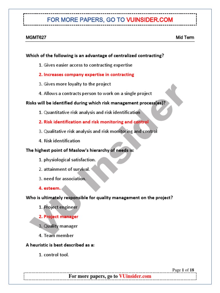MGMT627 Mid Term Past Papers Mega File | PDF | Project Management ...