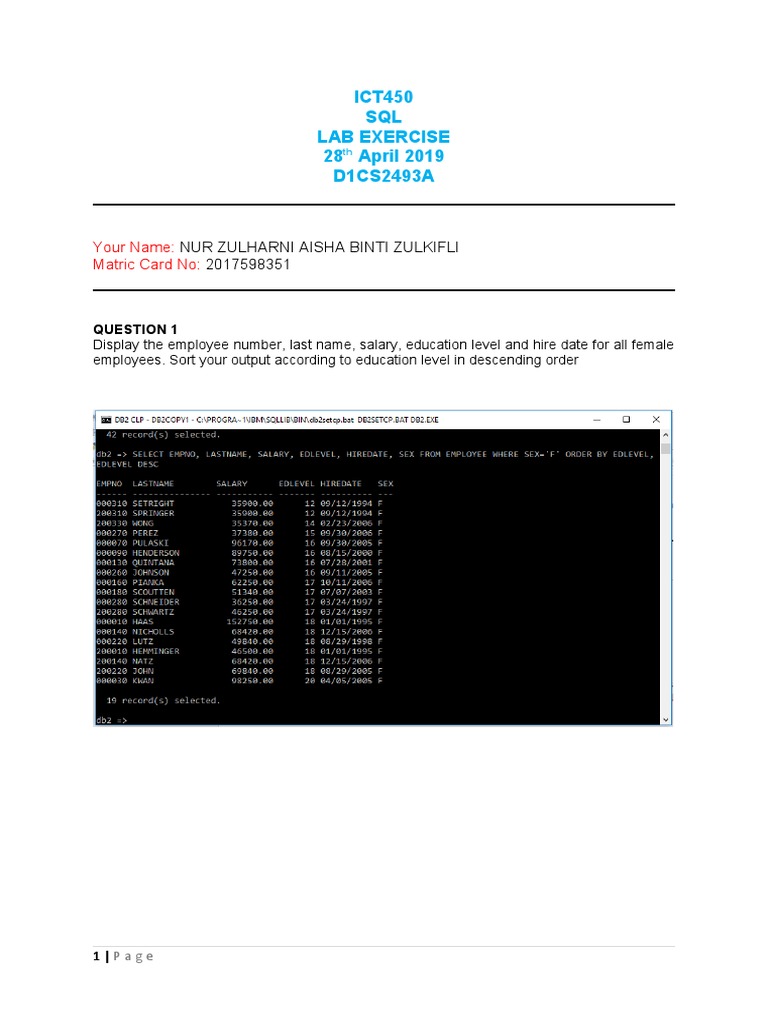 SQL Lab Exercise Report Addressing Employee Data Analysis Through a Series of Ten Questions | PDF