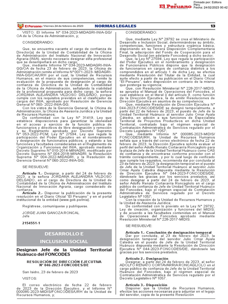 Designaciones en INIA y FONCODES 2023 | PDF | Banco Interamericano de ...