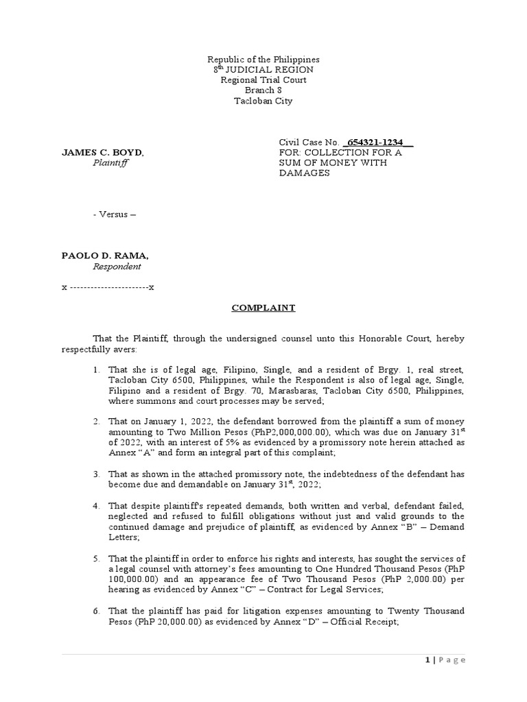Complaint For Collection of Money - Sample | PDF | Lawsuit | Damages