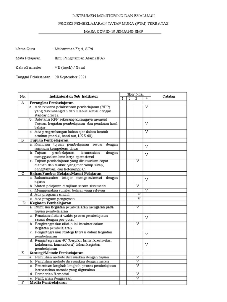 RPP Ipa (Objek Ipa Dan Pengamatannya) Kelas 7 & Lembar Monev | PDF