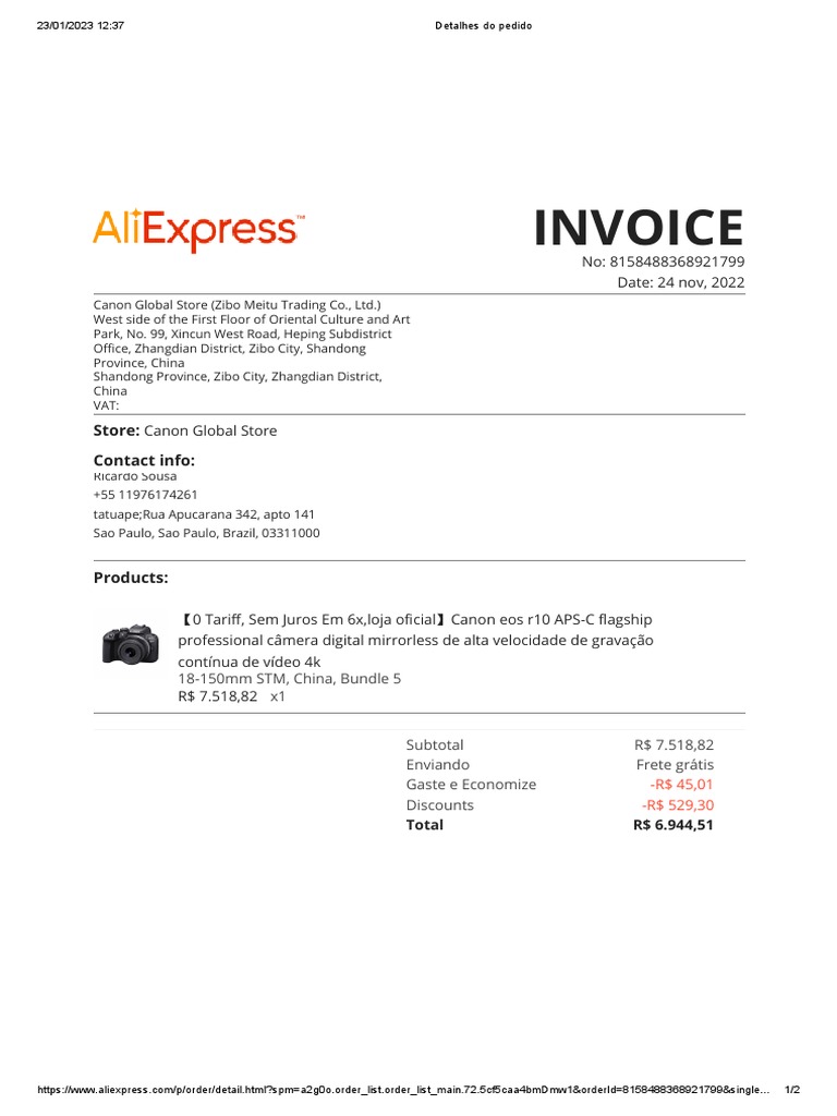 Aliexpress Invoice for Canon Purchase | PDF
