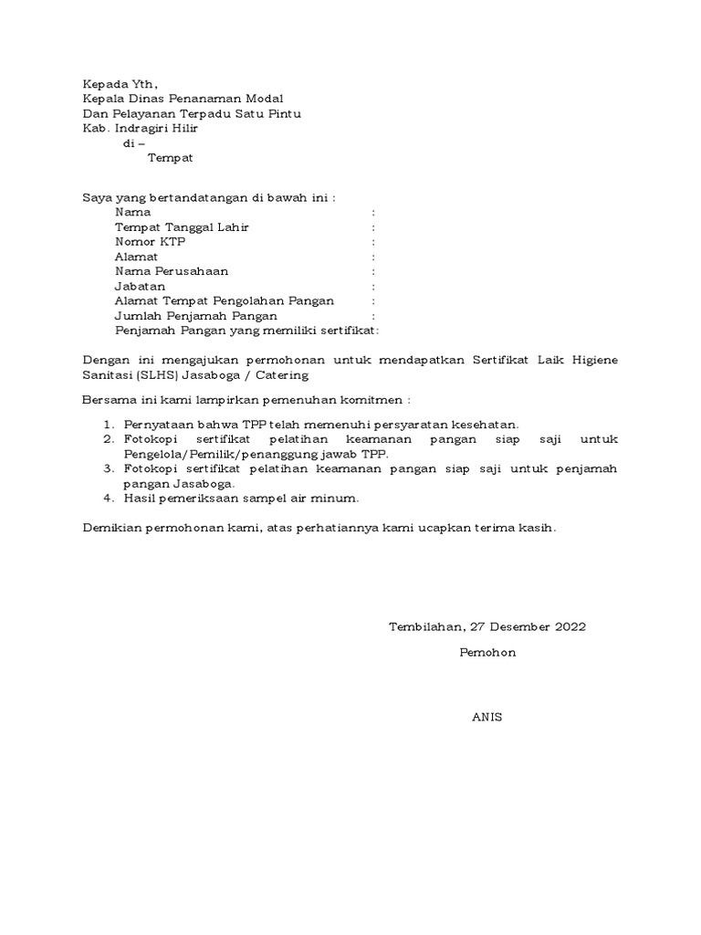 Permohonan Pemenuhan SLHS | PDF
