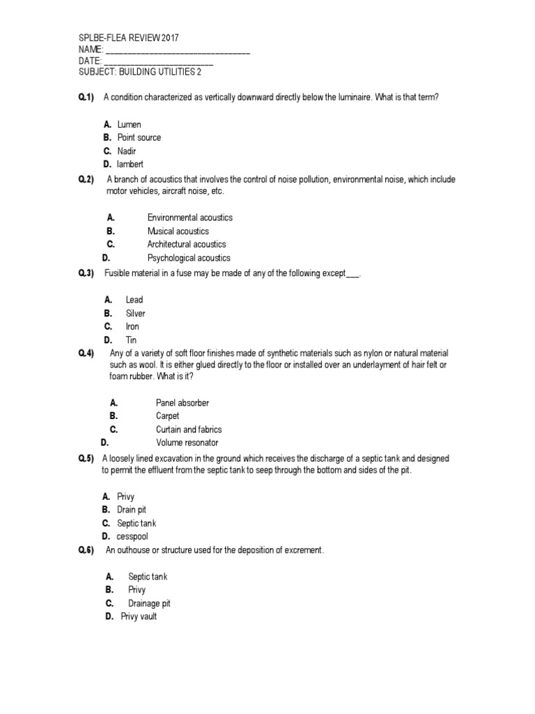 Building Utilities 2 Questionnaire | PDF | Plumbing | Electrical ...