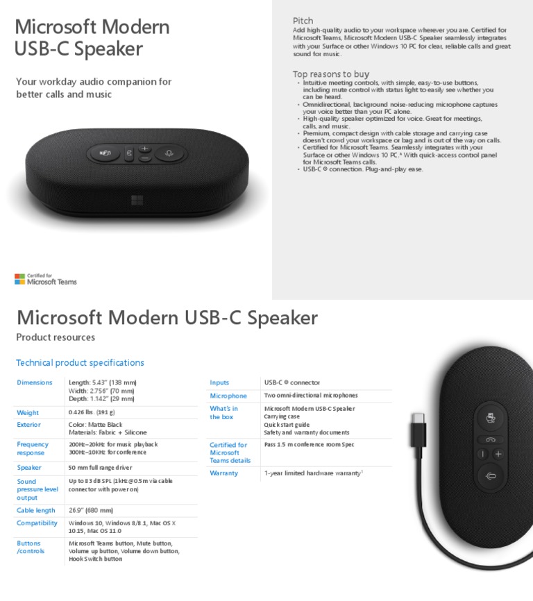 Microsoft Modern Usb C Speaker Zwart | Download Free PDF | Microphone ...