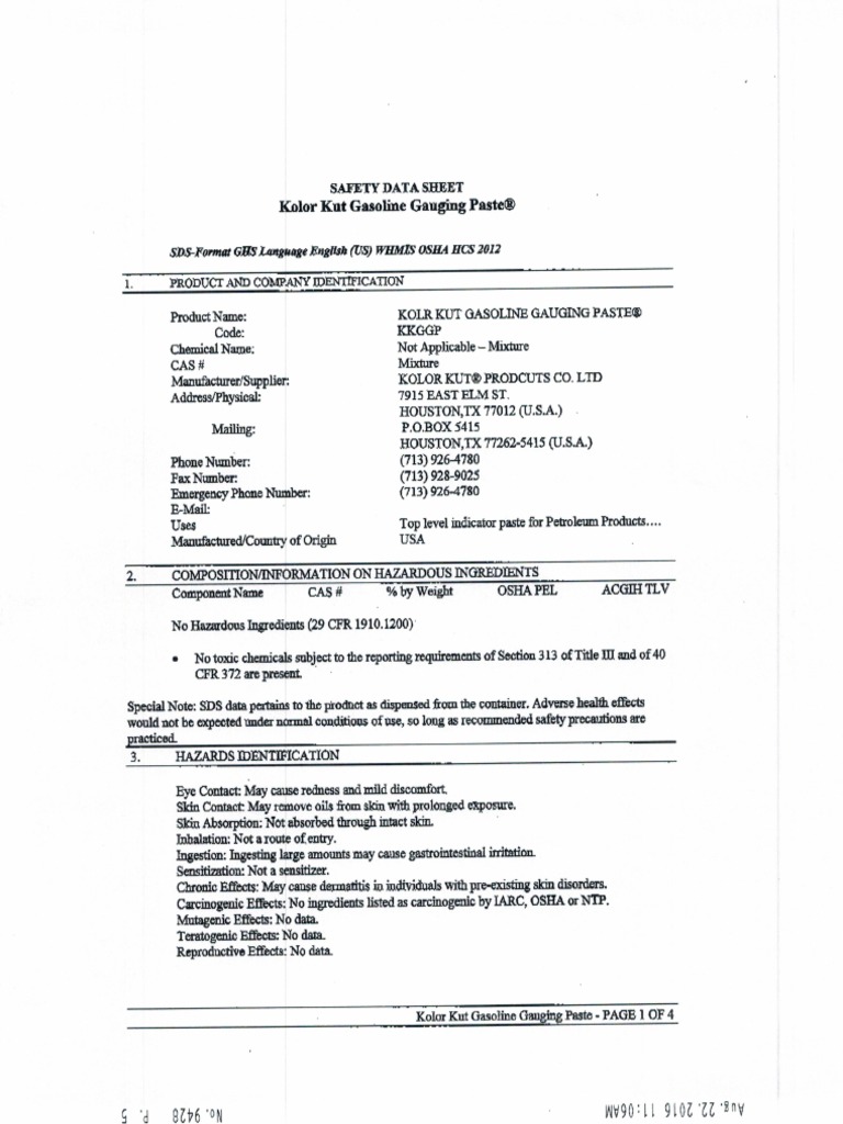 MSDS-Kolor Kut Gasoline Gaugie Paste | PDF