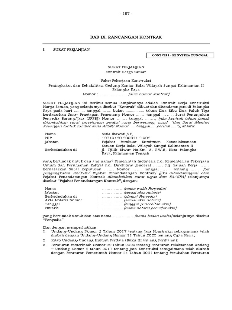 Rancangan Kontrak Peningkatan Dan Rehabilitasi Gedung Kantor BWS Kal 2 | PDF
