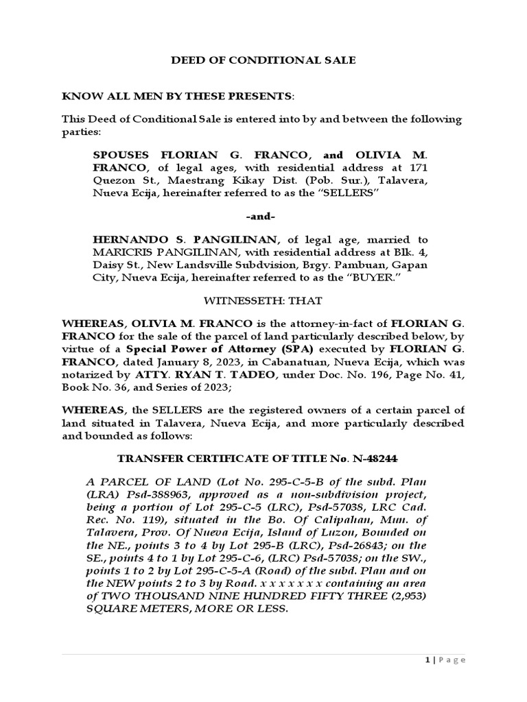 Deed of Conditional Sale - Spouses Franco and Pangilinan (REVISED As of ...