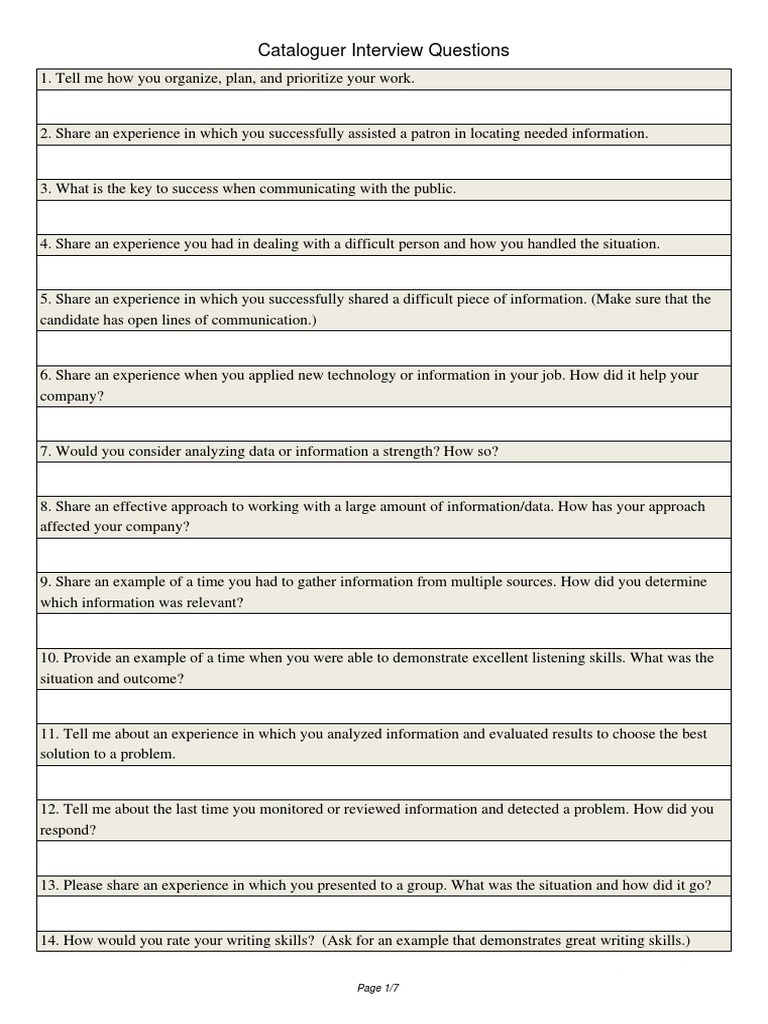 Cataloguer Interview Questions: Page 1/7 | PDF | Experience | Libraries
