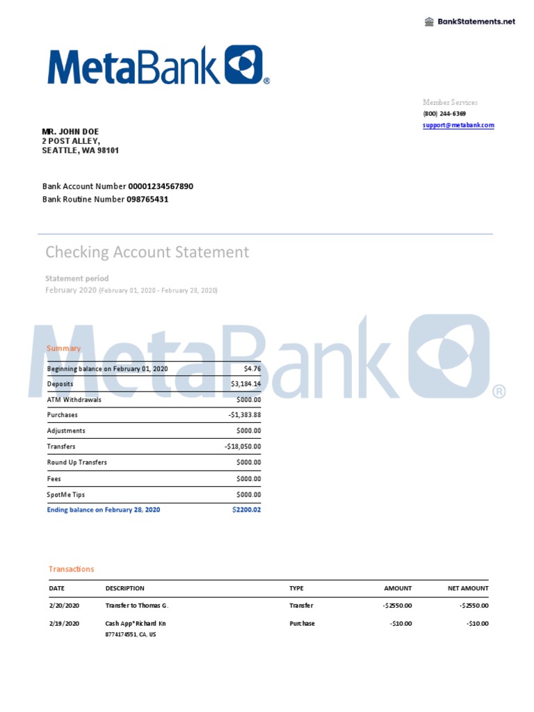 Checking Account Statement: Bank Account Number 00001234567890 Bank ...