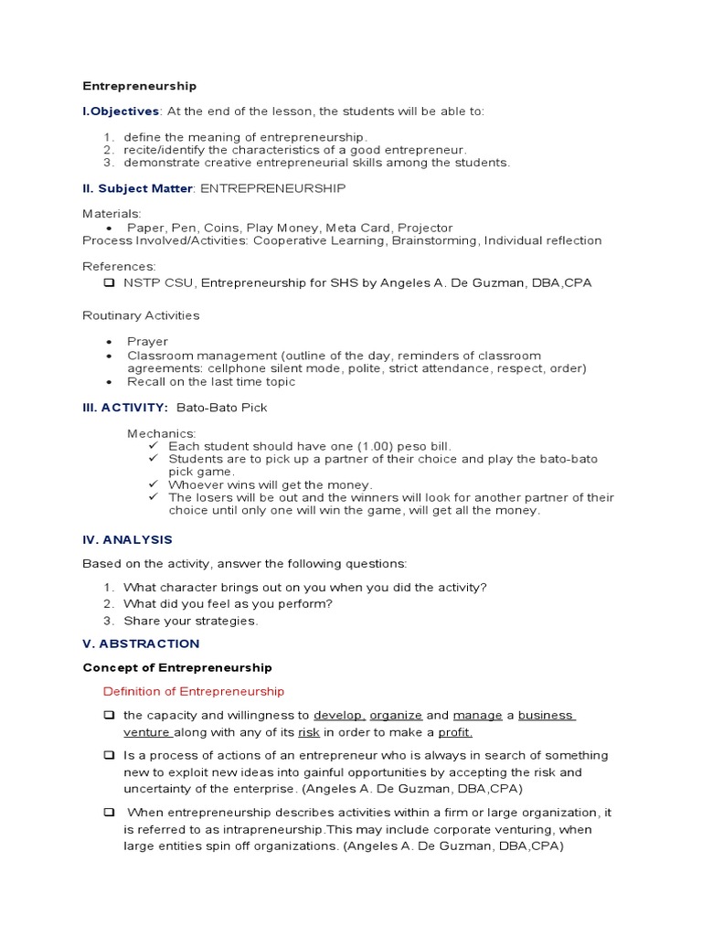 Entrepreneurship Lesson Plan | PDF | Entrepreneurship | Economies