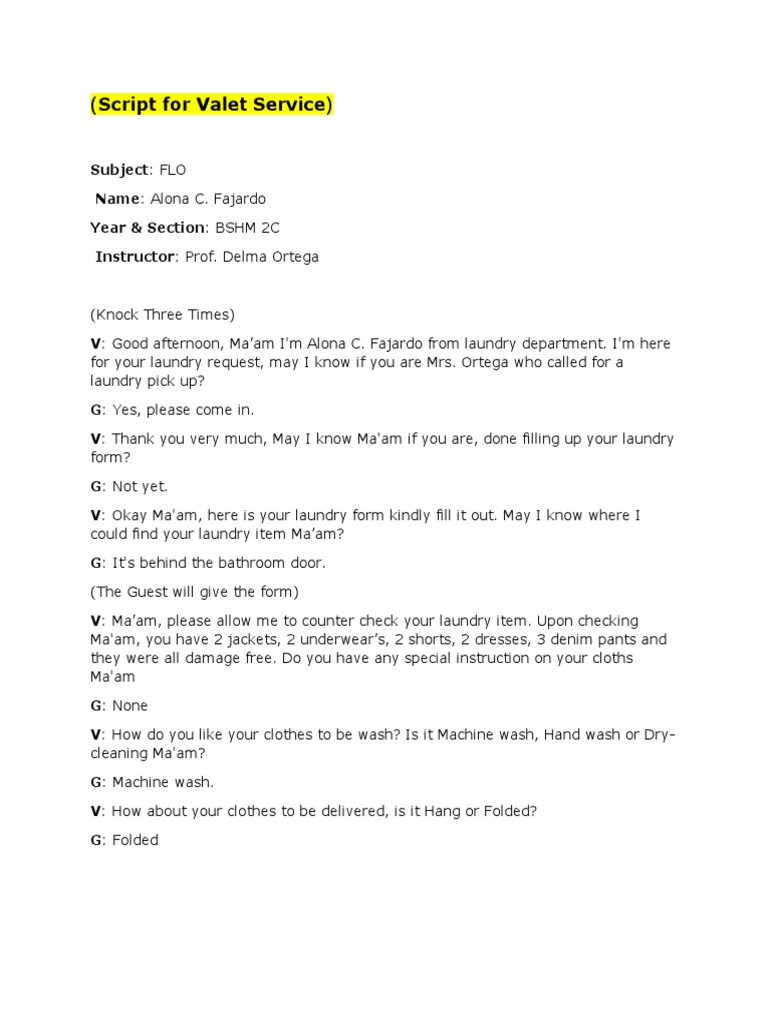 Script For Valet and Butler Service | PDF | Laundry