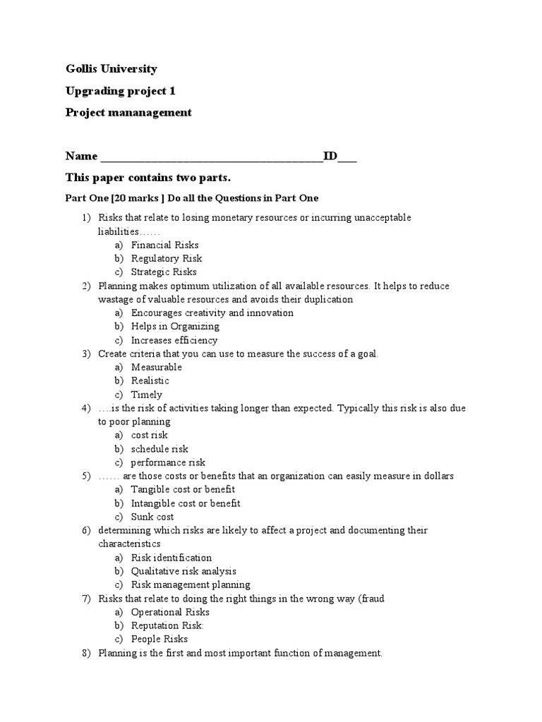 Final Exam Project Management | PDF | Risk | Project Management Final Exam Project Management | PDF | Risk | Project Management