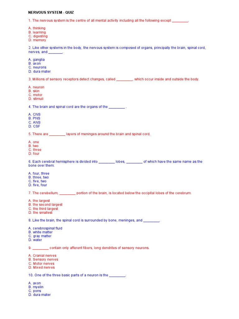 NERVOUS SYSTEM-quiz | PDF