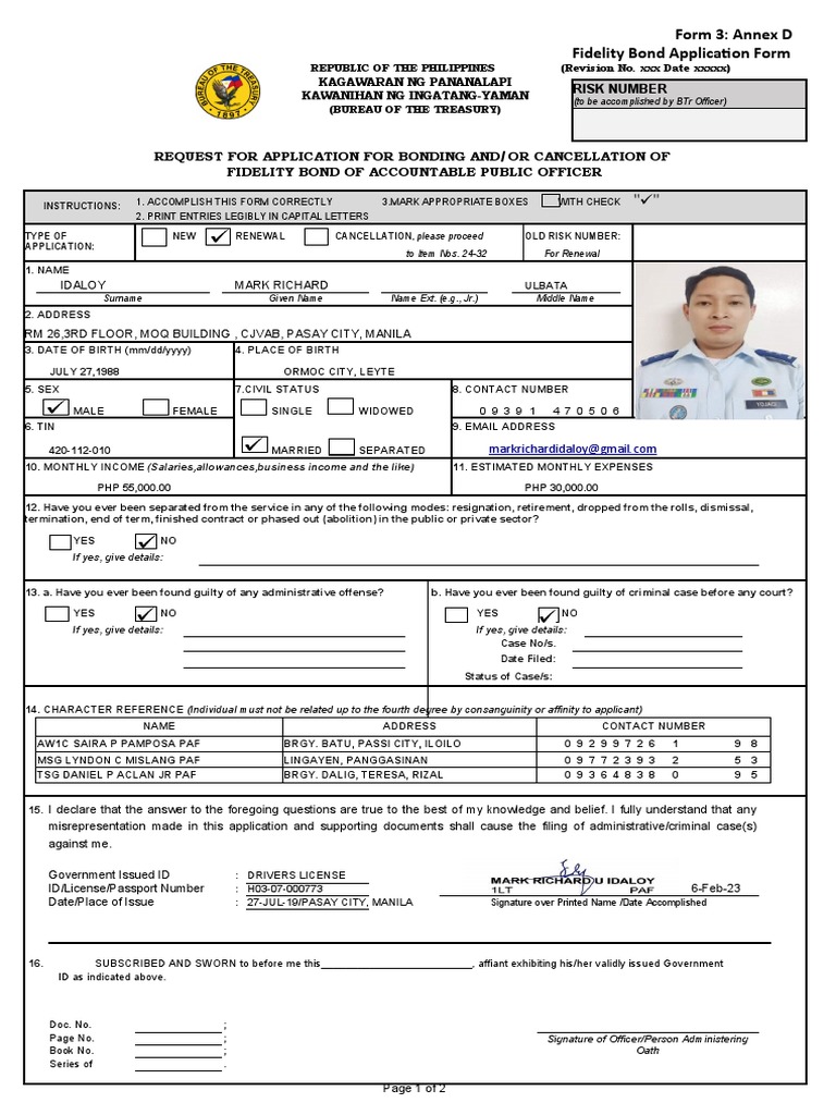 Fidelity Bond Application Form FBAF | PDF